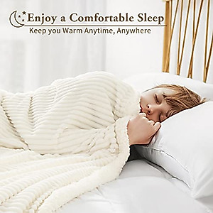 LBRO2M Striped Sherpa Fleece Bed Blanket Queen Size, Super Soft Fuzzy Plush Warm Cozy Fluffy Microfiber Couch Throw Velvet Double Reversible Luxurious Blankets (90x90),Ivory