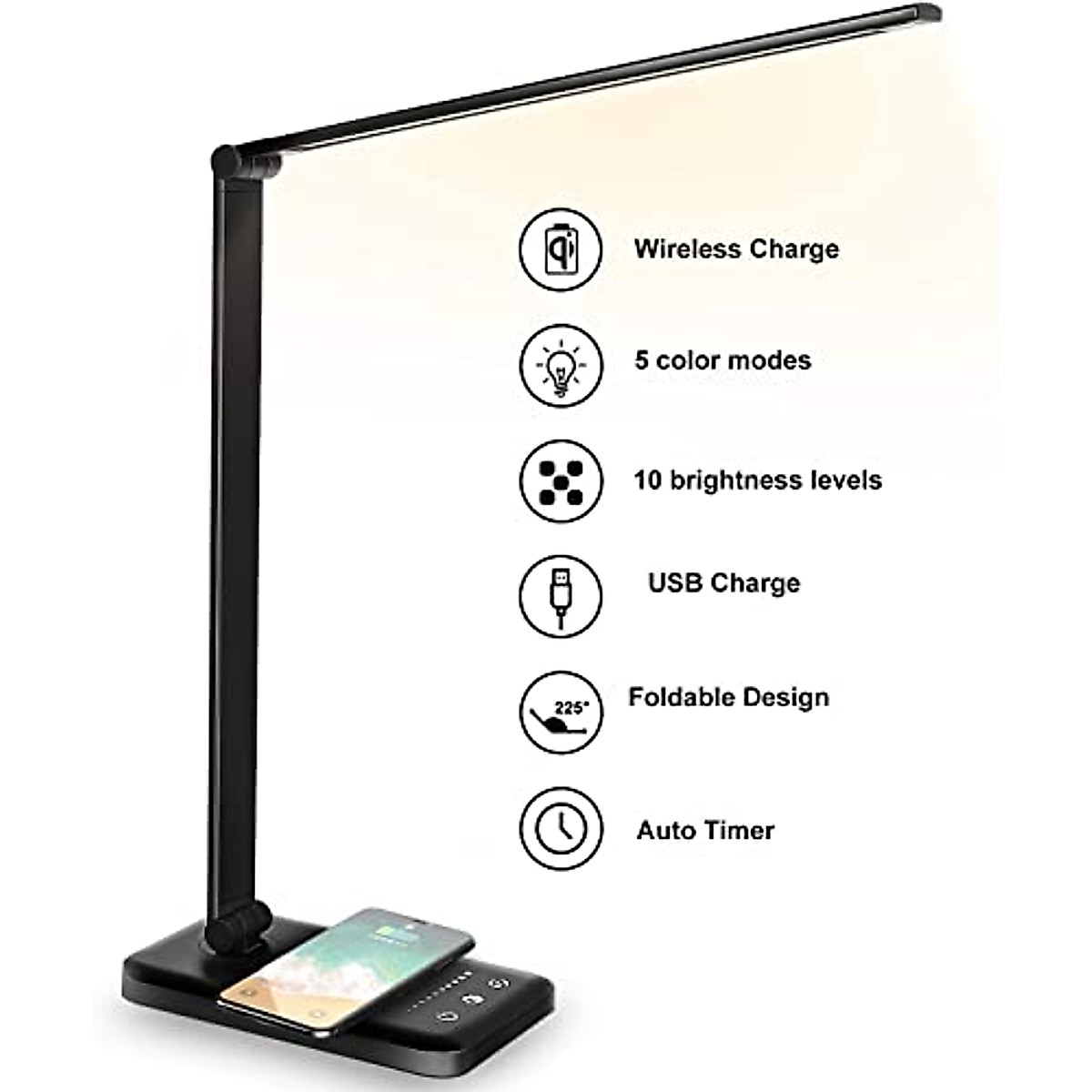 Liquor fragrance LED Desk Lamp with Wireless Charger, Dimmable Office Desk Light with USB Charging Port, 5 Lighting Modes , Touch Control, Auto Timer 30 / 60min, Eye-Caring Table Lamps (Black)