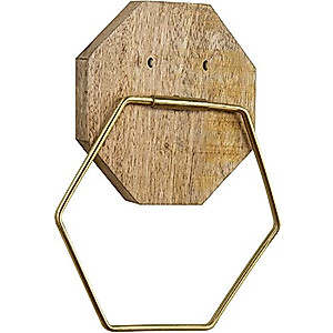 MyGift Brass Tone Metal Hexagon Wall Mounted Bathroom Hand Towel Ring with Mango Wood Geometric Backing - Handcrafted in India