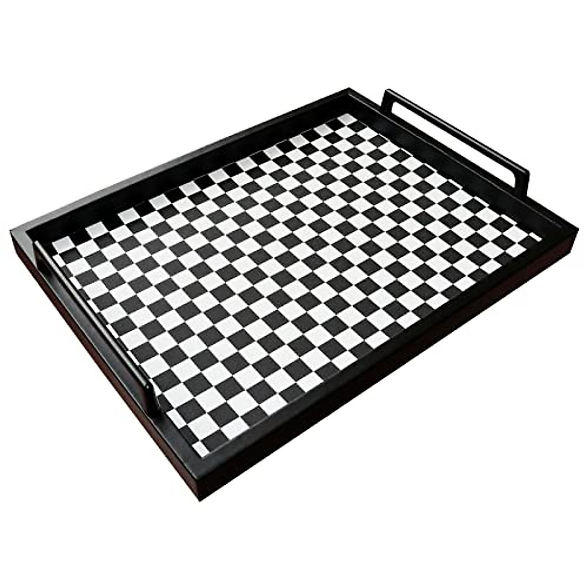 MCBZ Living Room Bedroom Decorative Tray, Coffee Table Kitchen Serving Tray, PU Leather Tray with Metal Handle 16.5 x 12.6 inches (Black and White Grid)