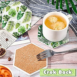6 Pcs Plant Coasters with Holder Gold Absorbent, Drink Coasters Hexagon Farmhouse Ceramic Table Coaster Set Cute Coasters, Decorative Bar Wine Coasters Coffee Cup Coasters, Greenery Leaves Design