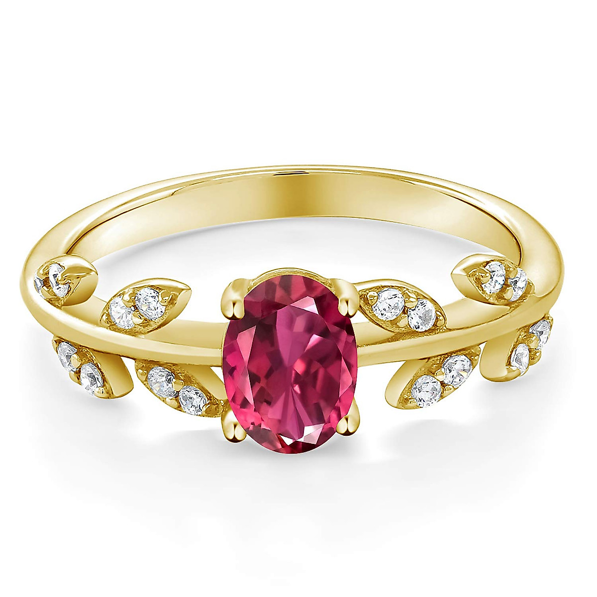 Gem Stone King 18K Yellow Gold Plated Silver 7X5MM Oval Gemstone Birthstone Twisted Olive Branch Leaf Vine Band Wedding Ring For Women | Available In Size 5, 6, 7, 8, 9