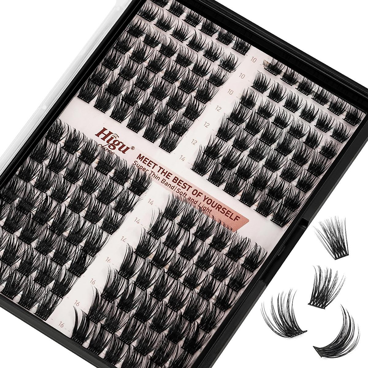 Higu clace Lash Clusters 168pcs, D curl Cluster Lahses 10-16mm Mixed, DIY Eyelash Extensions Super Thin Band & Soft, Wispy Eyelash Clusters Mega Volume Reusable Use at Home(BUSHY D 10-16mm)