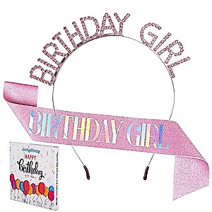 JunyRuny Birthday Girl Glitter Sash & Tiara Set, Pink Birthday Sash and Rhinestone Crown for Women, Sweet Princess Birthday Party Decorations Headband Birthday Gifts for Her, Happy Birthday Decor