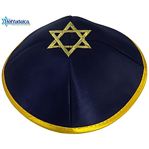 Pack of 5-Pcs Hq 20cm Satin/Velvet Kippah with Silver/Gold String+Star of David for Men & Boys, Yamaka Hat from Israel, Kippot Bulk (Blue Gold, Satin)