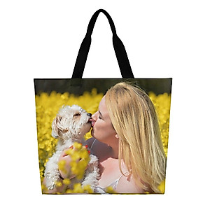 Customized Your Pictures & Text On Your Tote Bag Personalized Photo Logo Reusable Grocery Shopping Bag Large Capacity Shoulder Bag Create Your Own Bridesmaid Beach Bag Custom Wedding Birthday Gifts