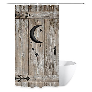 Riyidecor Rv Half Barn Door Shower Curtain 36Wx72H Inch Small Stall Country Single Shower Curtains Rustic Door Curtains Farmhouse Moon Star Farm Bathroom Decor Fabric Polyester Waterproof 7 Pack Hooks