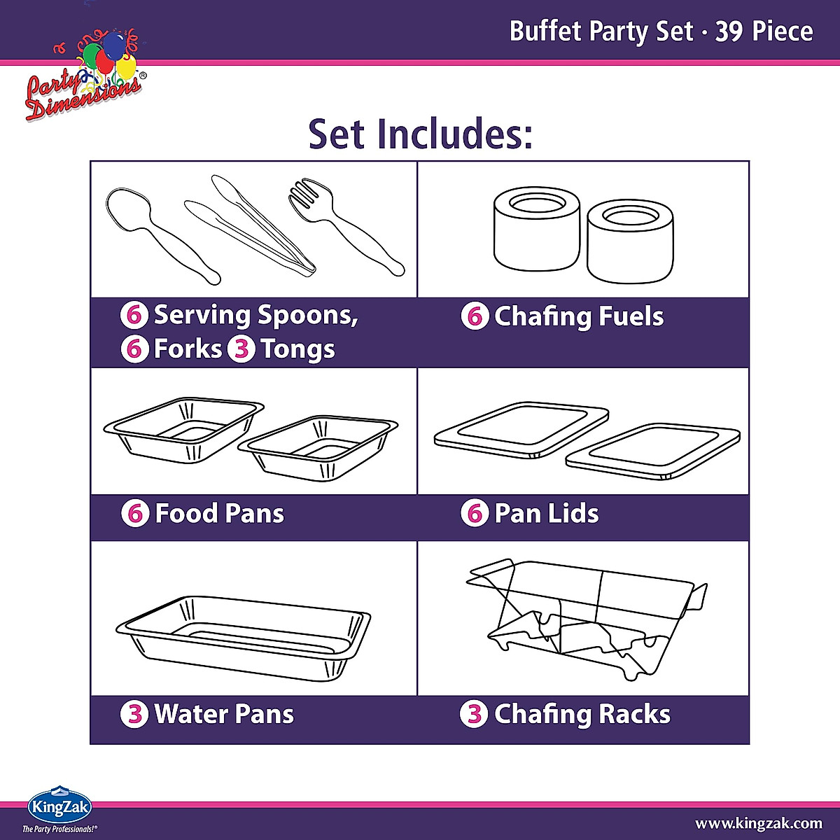 Full Size 39-Pcs Disposable Chafing Buffet Set with 6hr Fuel Cans, Covers, Serving Utensils - Premium Chafing Dish Set for Catering, Events, and Parties - Complete Food Warmer Party Serving Kit
