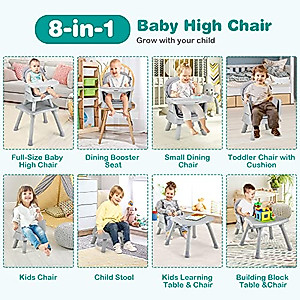 BABY JOY Baby High Chair, 8 in 1 Convertible Highchair for Babies & Toddlers | Booster Seat | Table and Chair Set | Building Block Table | Toddler Chair with Safety Harness, Removable Tray (Gray)