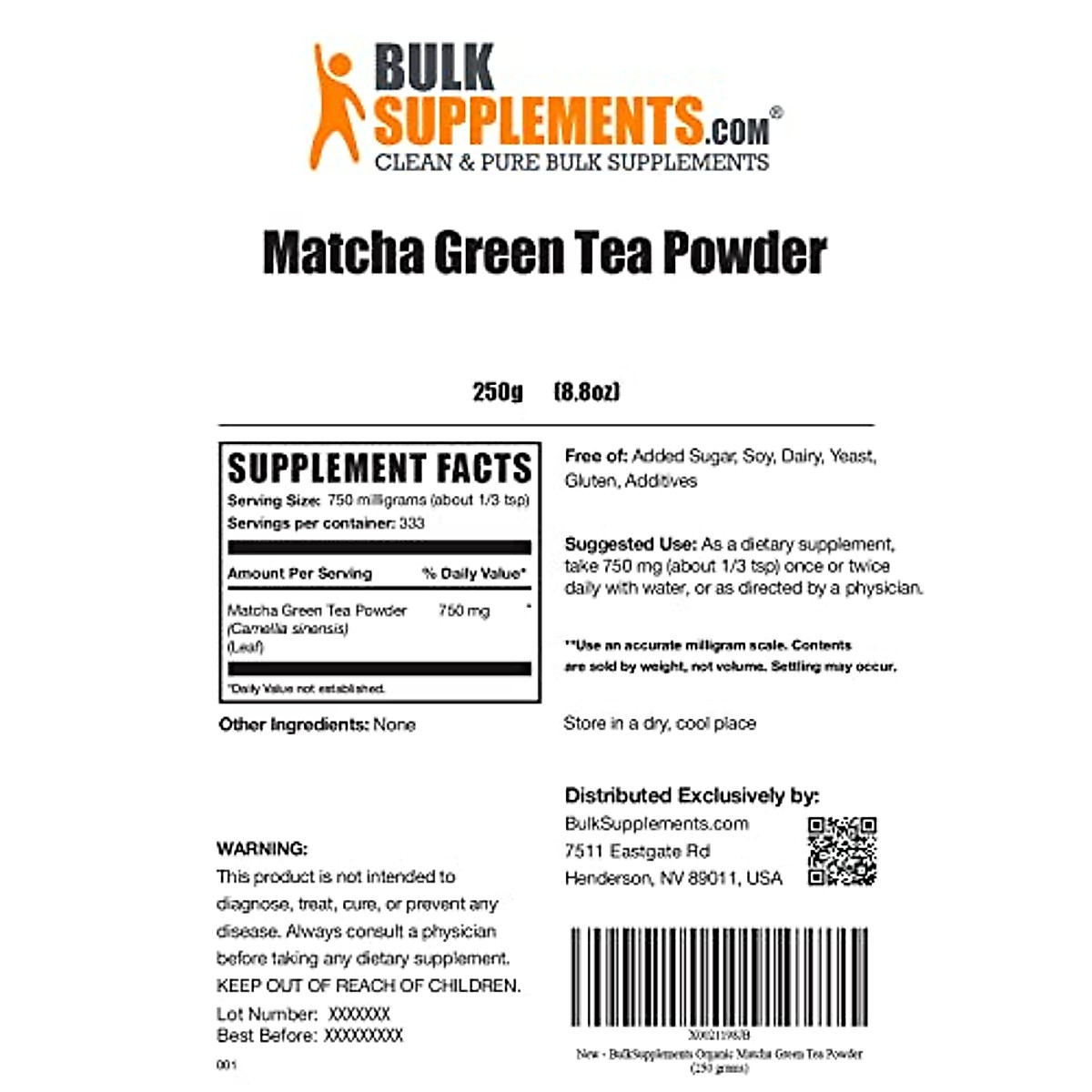 BulkSupplements.com Organic Matcha Powder - Matcha Organic, Matcha Powder for Latte & Baking, Culinary Grade Matcha Powder - Organic & Gluten Free, 750mg per Serving, 250g (8.8 oz)