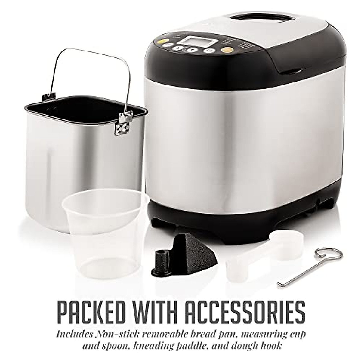 OVENTE Bread Maker Machine with Gluten Free Setting, 19 Preset Menu, Digital Display and Nonstick Baking Pan, Perfect for Homemade Loaf, Sourdough, Wheat, Dough, Black BRM5020B