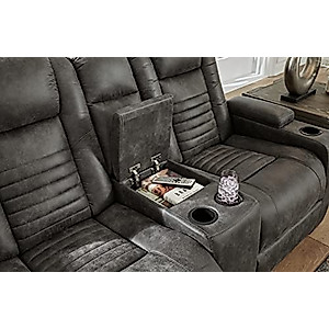 Signature Design by Ashley Soundcheck Contemporary Faux Leather Tufted Power Reclining Loveseat with Control and Adjustable Headrest, Gray