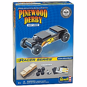 Revell Pinewood Derby Hot Rod Racer, Officially Licensed Boy Scouts of America (BSA) Pre-Cut Shaped Wood Block Kit with Official Wheels and Axles, Decals, and Weight