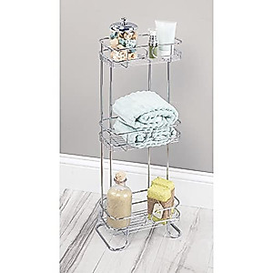 mDesign Rectangular Metal Bathroom Shelf Unit - Free Standing Vertical Storage for Organizing and Storing Hand Towels, Body Lotion, Facial Tissues, Bath Salts - 3 Shelves - Chrome