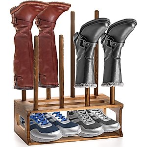 Goaste Wood Boot Rack Organizer, 4 Pairs Freestanding Wooden Boot Holder, Rustic Walk-In-Closet Entryway Shoe Storage Stand with 8 Tall Posts for Cowboy Boot, Tall Knee-High, Riding, Rain Boots