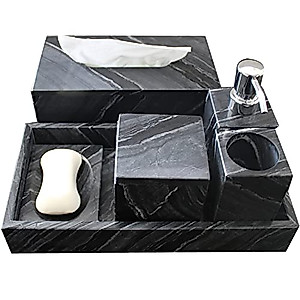 Chrocks Bathroom Accessory Set Made from Natural Stone Black Wood Marble - Bath Accessories Set of 6 Includes Soap Dispenser, Toothbrush Holder, Tumbler and Soap Dish Tray Tissue Box