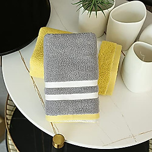 YiLUOMO Hand Towels Set of 2 100% Cotton Striped Checkered Pattern Super Soft Highly Absorbent Decorative Hand Towel for Bathroom, Kitchen 13 x 29 Inch (Yellow & Grey)