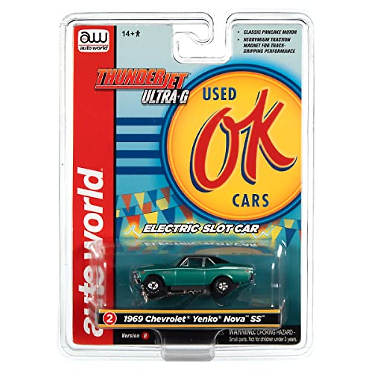 Auto World Thunderjet OK Used Cars 1969 Chevrolet Nova SS (Green) HO Scale Slot Car