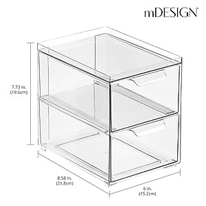 mDesign Stackable Storage Containers Box with 2 Pull-Out Drawers - Stacking Plastic Drawer Bins for Kitchen Pantry and Cupboard, Cabinet, Counter, Island and Tables - Lumiere Collection, 4 Pack, Clear