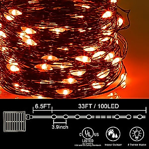 kemooie 2 Pack 100 LED Orange Solar Halloween Lights, 8 Twinkle Modes Waterproof Upgraded Solar Powered Fairy Lights, for Outdoor Garden Patio Christmas Halloween Decorations (Orange)
