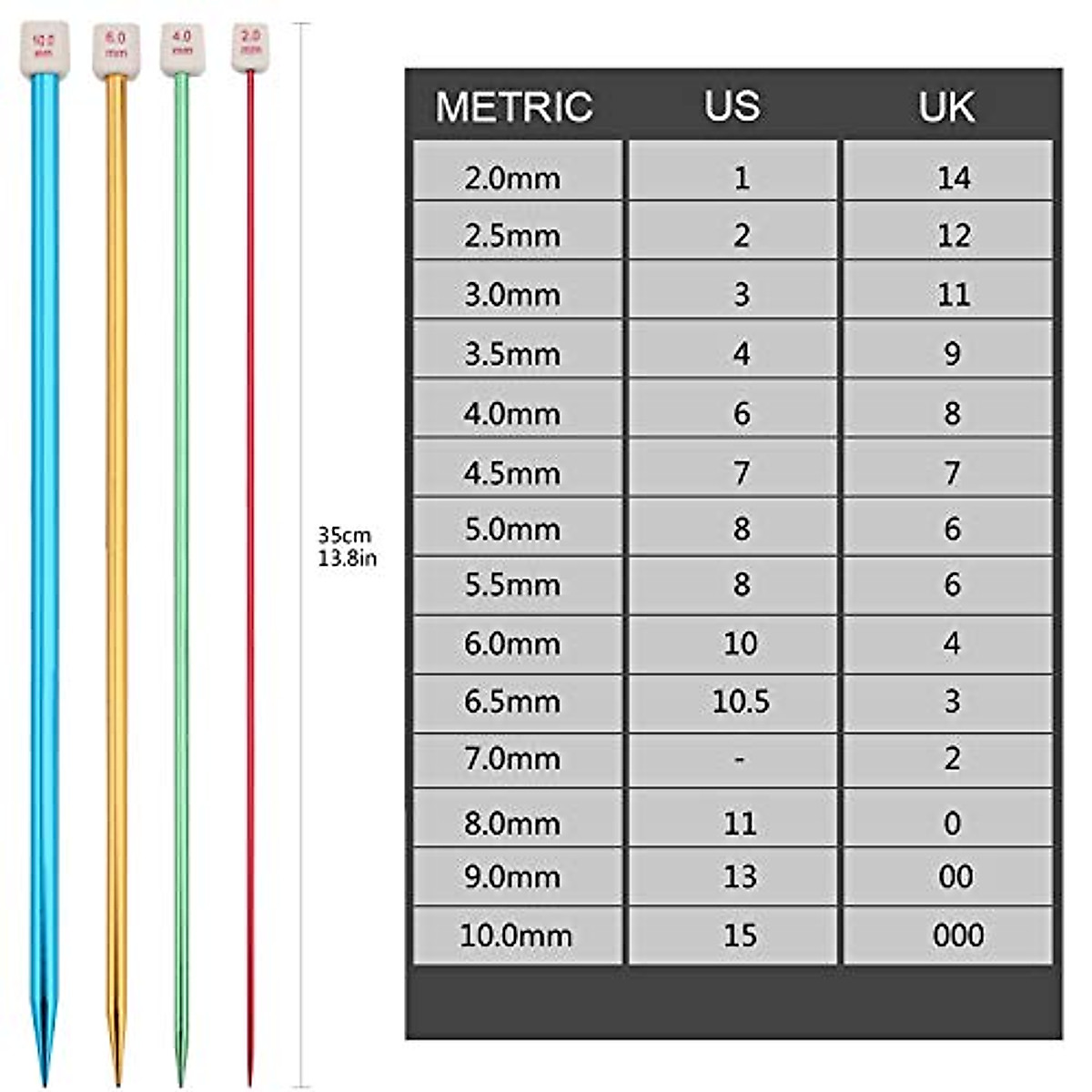 BCMRUN 28Pcs/14 Pairs Stainless Steel Knitting Needles Set, Colored Straight Single Pointed Metal Knitting Needles, 14 Size from 2.0mm-10.0mm, 13.8 Inches Length for Handmade DIY Knitting