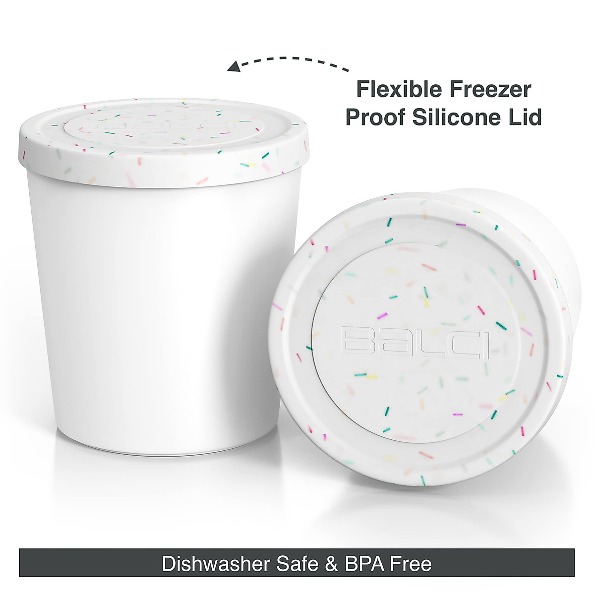 BALCI - Premium Ice Cream Containers (2 Pack - 1 Quart Each) Perfect Freezer Storage Tubs with Lids for Ice Cream, Sorbet and Gelato! - White With Sprinkles
