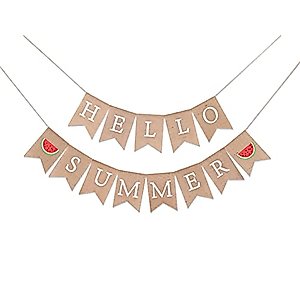 Hello Summer Burlap Banner - Watermelon Party Decoration (Summer MA BU)