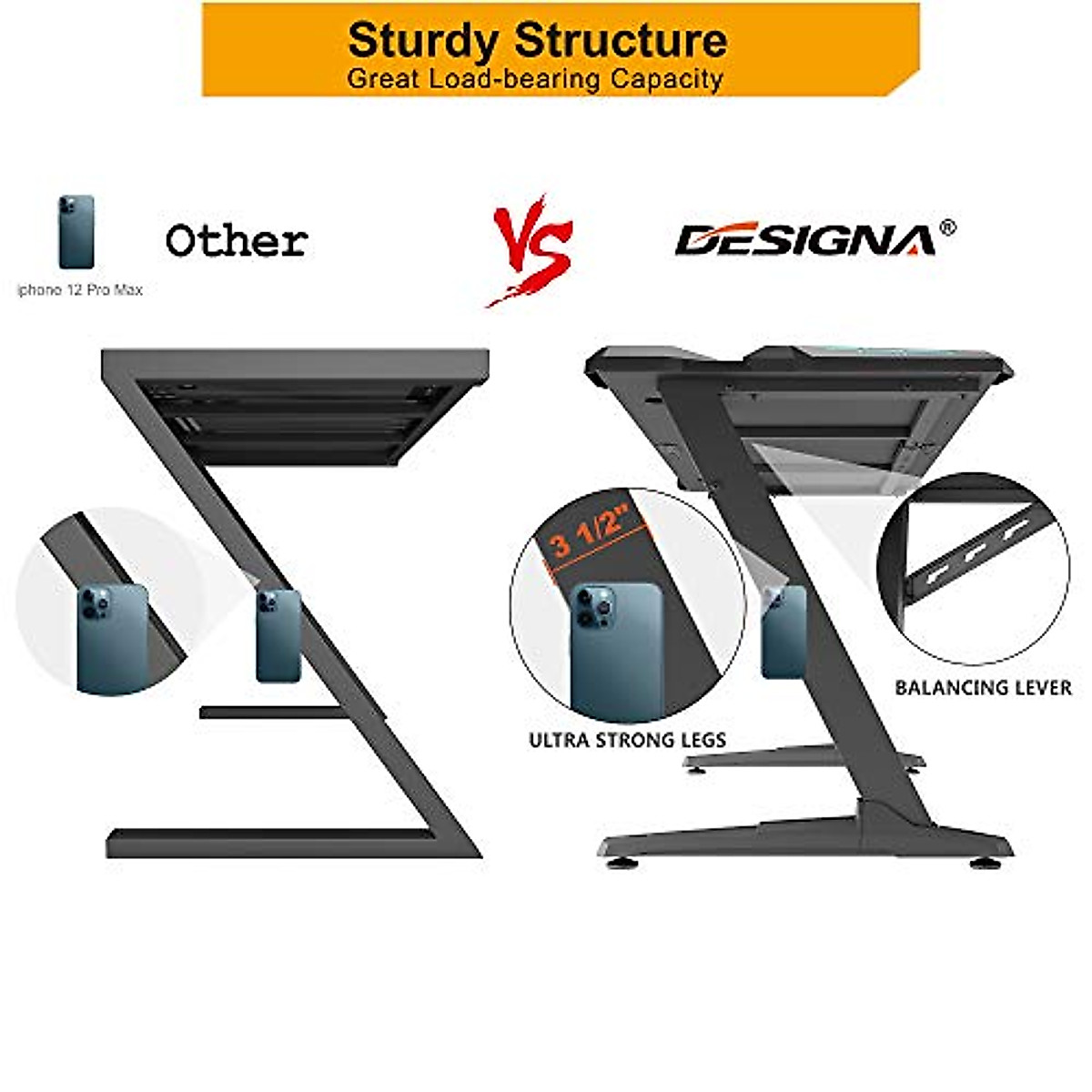 DESIGNA 60" Gaming Desk with RGB LED Lights, Large Z-Shaped Gaming PC Desk with Carbon Fiber Desktop Home Office Computer Game Desk Table for Gamer W Mouse Pad, Cup Holder, Headphone Hook, Black