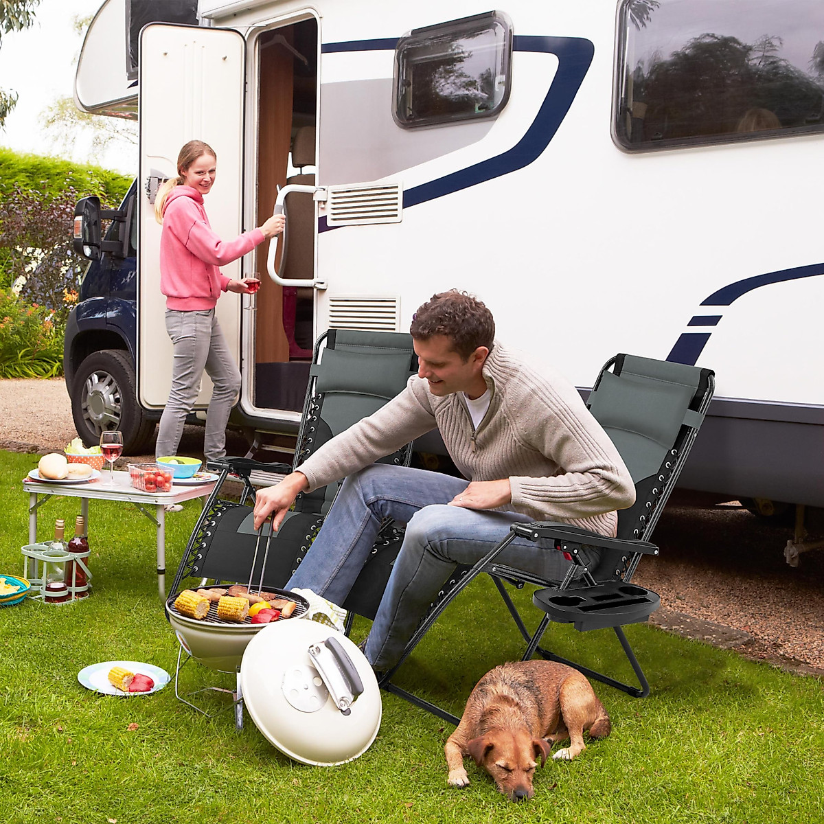 Yaheetech Padded Zero Gravity Recliner, Foldable Outdoor Patio Chairs, Adjustable Anti Gravity Lounger for Backyard Camping w/Carry Strap, Cup Holder, Pillow Gray/Black Set of 2