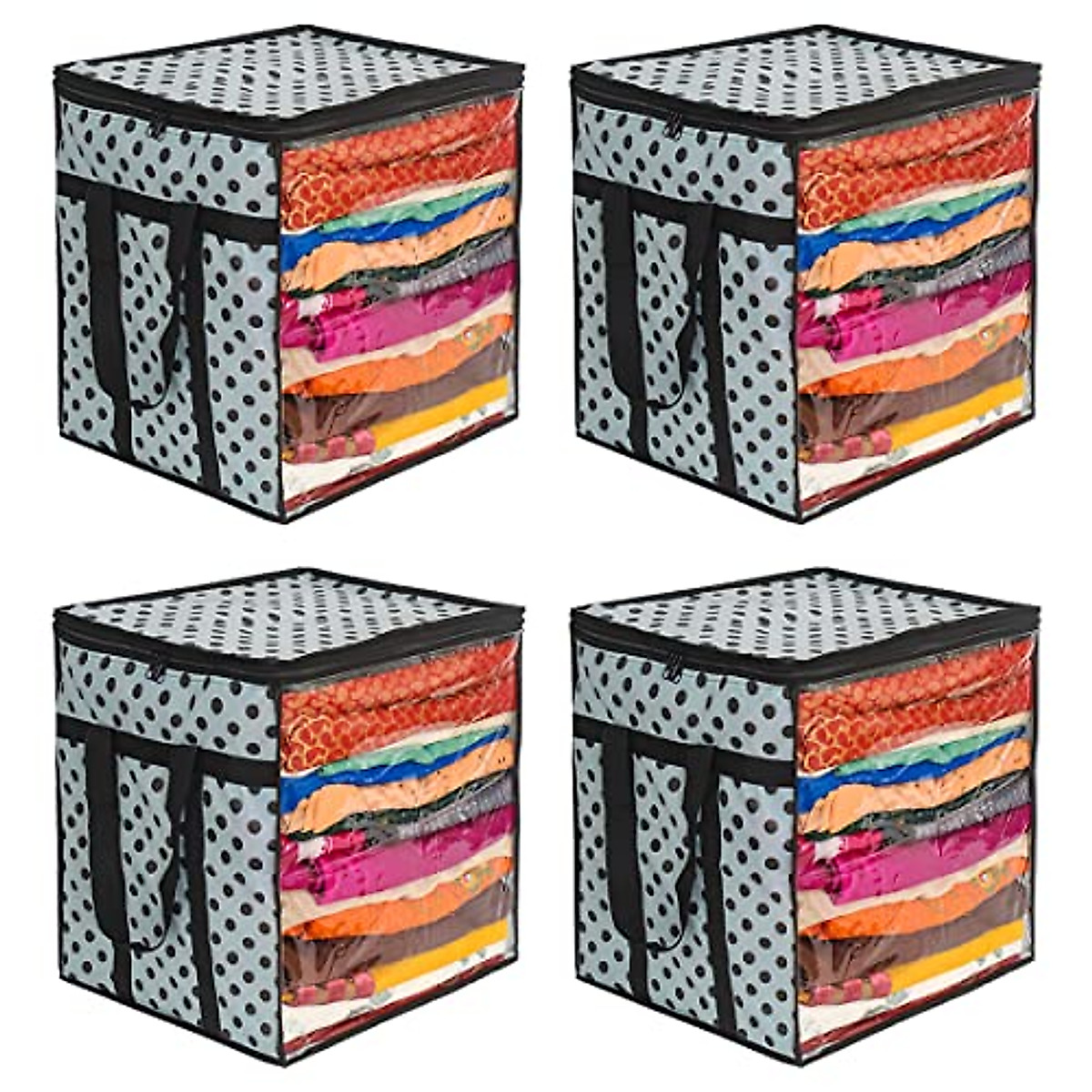 PrettyKrafts XL Saree Cover / sari organizer with handles and transparent front ( 15*12*15 In),(Pack of 4), Grey Dots