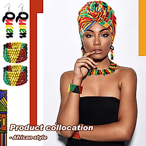 Yinkin Women&#039;s 5 Pcs African Jewelry Set: 1pcs Kente Print Headwrap, 1pair Earrings, 2pcs Beaded Bracelets (Stretch), 1pcs Necklace (Rustic, Multicolor)