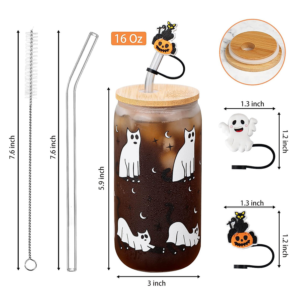 Halloween's Gift,Set Of 2 16 Oz Halloween Cups|Halloween Tumbler|Halloween Mug, Cat Themed Glass Cups With Lids And Straws, Coffee Cups, Fall Gifts For Women,Unique Halloween Ideas For Cat Lovers