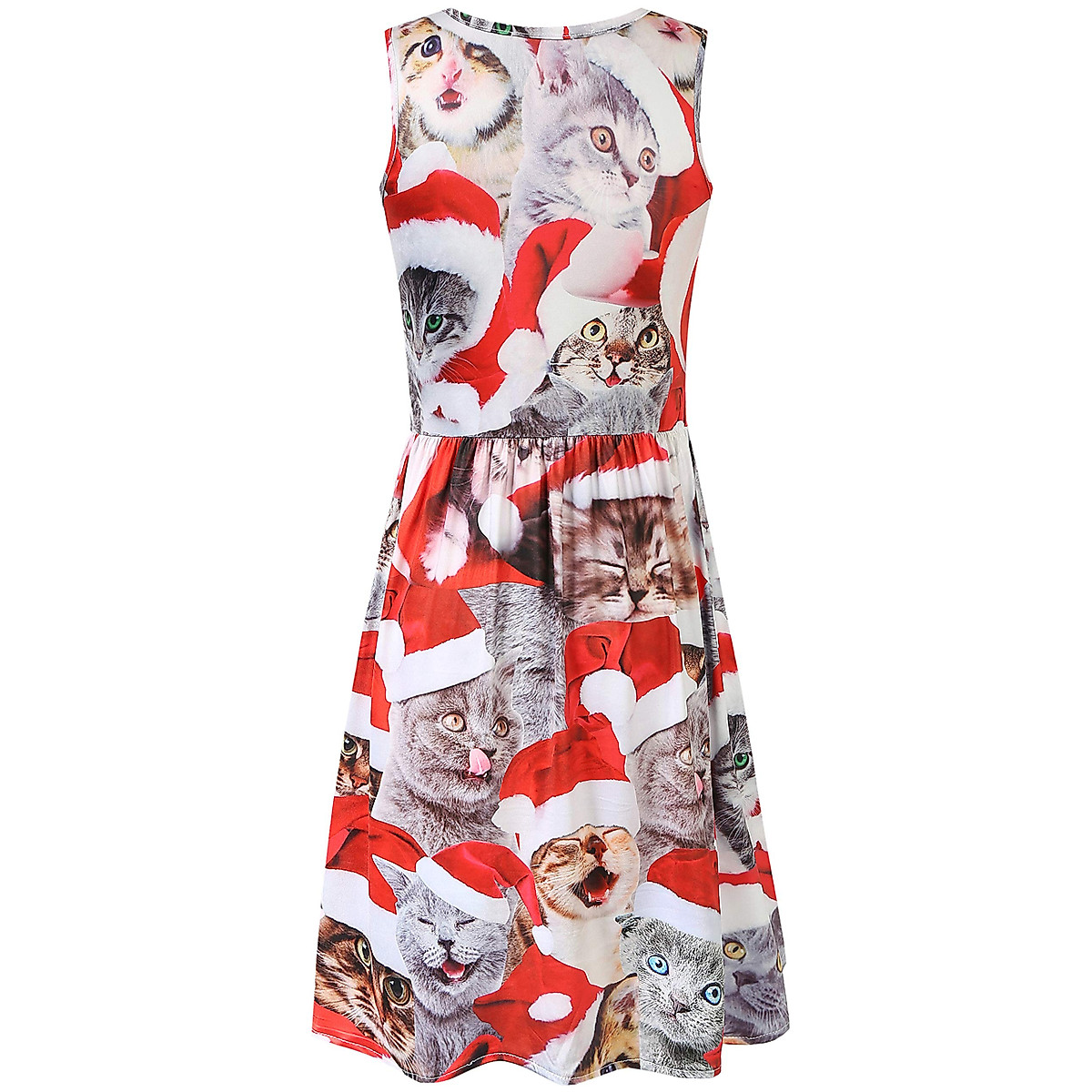 SSLR Womens Party Dress Printed A-Line Crewneck Sleeveless Ugly Christmas Dresses for Women (Large, White Red)