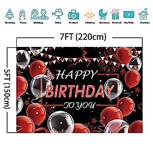 VOUORON Happy Birthday Photography Backdrop Red and Black Balloon Confetti Birthday Decor Photo Background for Kids Men Women Anniversary Birthday Party Banner Supplies 7x5FT