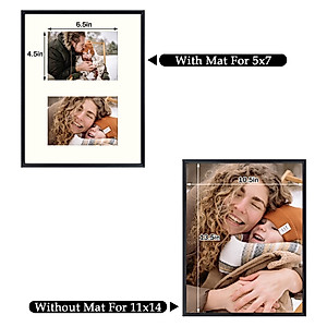 Frametory - 11x14 Aluminum Collage Picture Frame - Display 5x7 Pictures with 2 Openings Mat - Real Glass Front - Horizontal/Vertical Wall Mount - Black 1 Pack