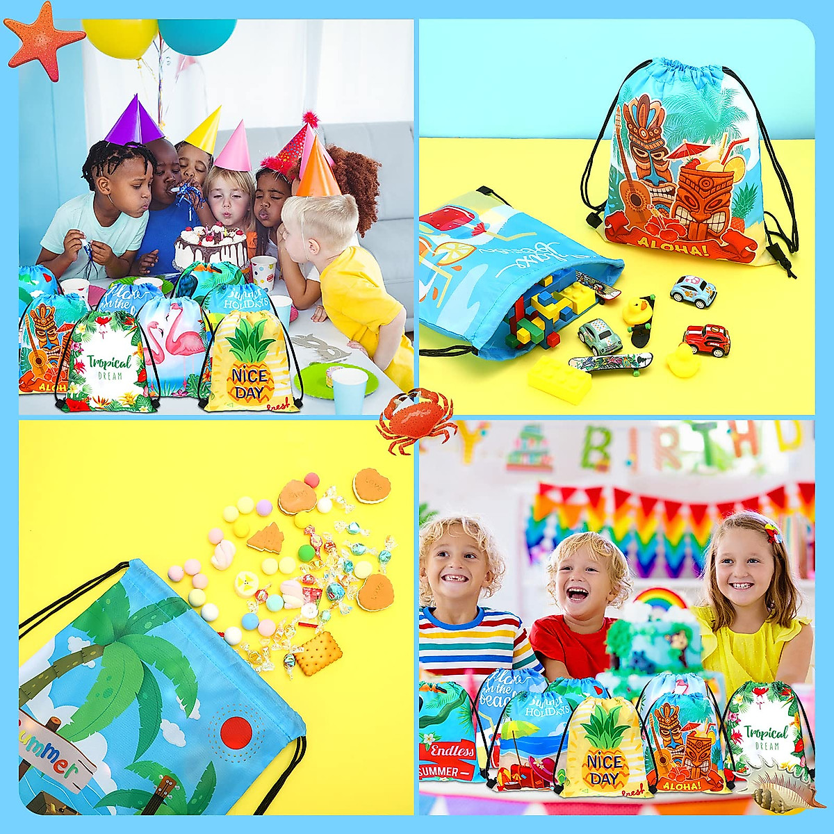 Woanger 16 Pack Hawaii Themed Party Drawstring Bags Aloha Party Drawstring Pouch Tiki Pineapple Hawaiian Party Gift Bags with Drawstring Aloha Gift Bag for Birthdays, Bridal Shower, Samples, Events