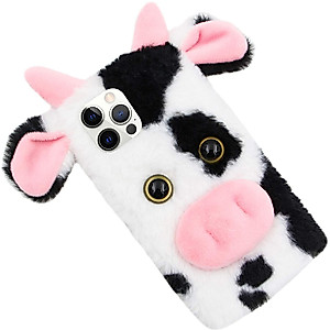 Girlyard Milk Cow Case for iPhone 8 Plus / 7 Plus, Cute 3D Cartoon Dairy Cattle Fluffy Hairy Silicone Cover Fuzzy Warm Faux Stuffed Plush Doll Soft Furry Protective Shell for Women Girls - Black