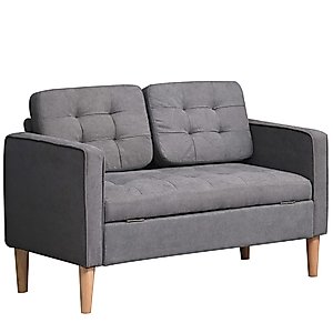 HOMCOM Modern 2-Seater Loveseat Button-Tufted Fabric Couch with Storage Chest, Cushions and Rubberwood Legs for Living Room, Grey