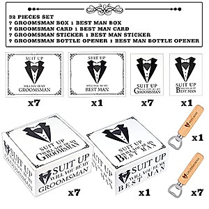 32 Pieces Groomsmen Proposal Box Set of 8 Groomsmen Box 8x8x4 inch With 8 Will You Be My Groomsman Labels and 8 Cards 8 Bartender Wooden Bottle Opener Beer Wine Cap Opener（7 Groomsmen, 1 Best Men ）