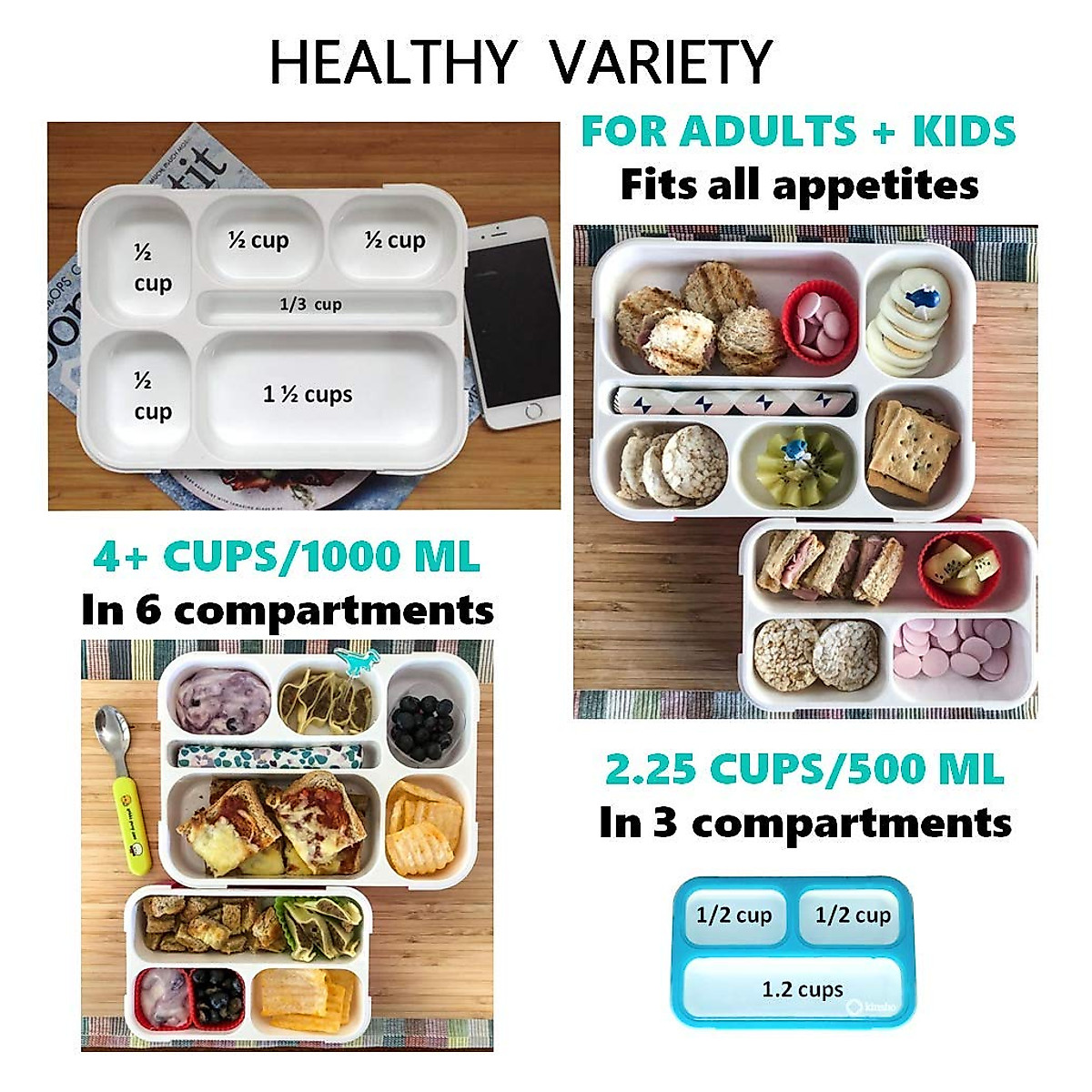 Bento Lunch Box and Snack Container Value Set| Meal Planning Portion Containers For Kids or Adults, School or Work | BPA Free | Microwave Safe | Utensils | 4 pack, Large and Mini, Blue + Navy