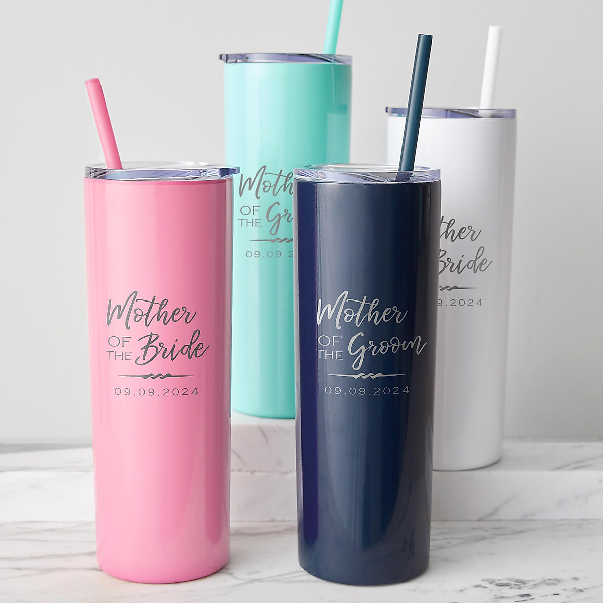 Lifetime Creations Engraved Personalized Mother of the Bride Tumbler, Skinny Stainless Steel Tumbler with Straw 20 oz, Custom Mother of the Bride Gift (White)