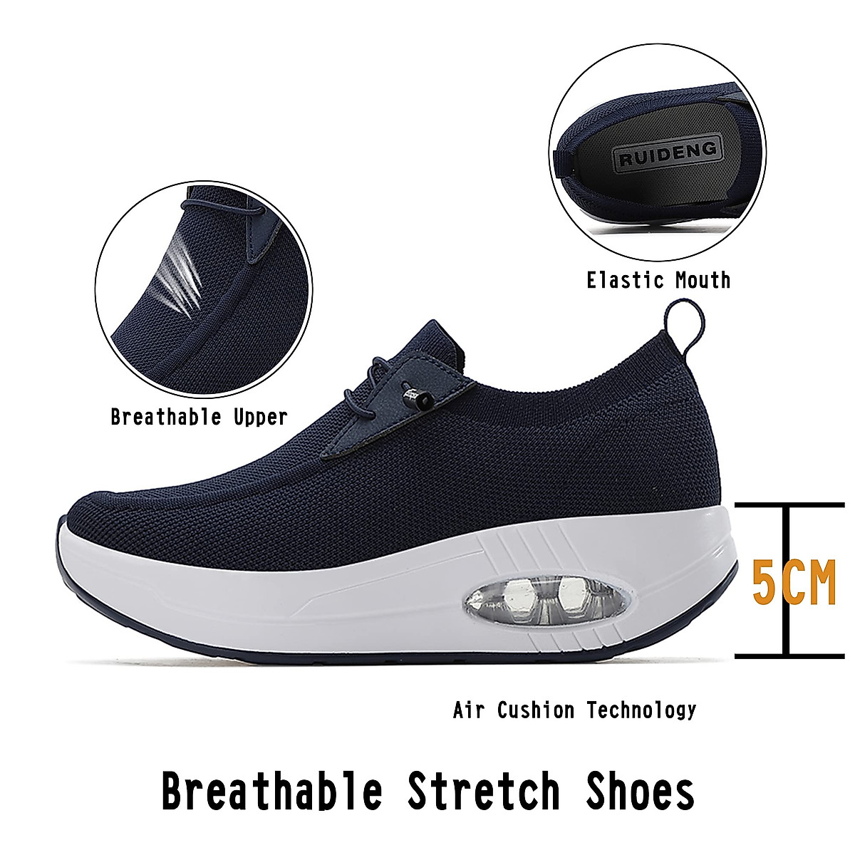 Dark Blue Women's Slip-on Walking Shoes Mesh Breathe Air Cushion Arch Support Sock Sneakers for Women Ladys Girls Fashion Platform Lightweight Loafers Non-Slip Nursing Work Running Shoes Size8.5
