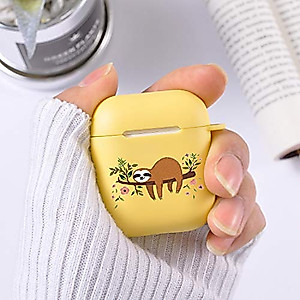 JOYLAND Yellow Case Cover for AirPod 1&2 w/Keychain Ring Carabiner Clip,Lovely Sloth Case Wireless Earphone Case Smooth Anti-dust Silicone Protective Cover Soft Skin Cute Case fr AirPods 1 & 2