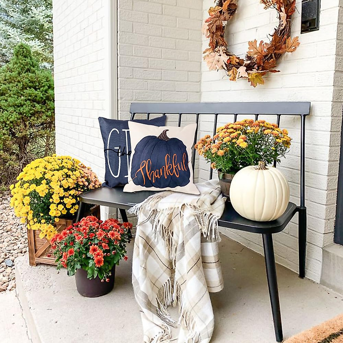 Vellibring Fall Pillow Covers 20 x 20 Inch Blue Pumpkins Throw Pillow Covers for Farmhouse Autumn Cushion Covers Thanksgiving Pillow Case for Indoor Home Bedroom Sofa Decor