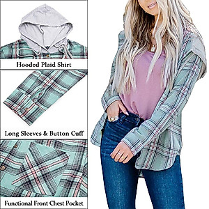 Knemksplanet Women Plaid Hooded Shirt Drawstring Flannel Sweatshirt Hoodie Jacket Casual Button Down Blouse Tops with Pocket Light Green