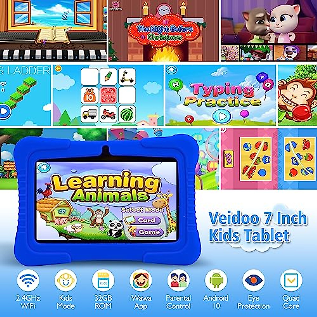 Veidoo Kids Tablet, 7 inch Android Tablet PC, 2GB RAM 32GB ROM, Safety Eye Protection Screen, WiFi, Dual Camera, Games, Parental Control APP, Tablet with Silicone Case(Dark Blue)