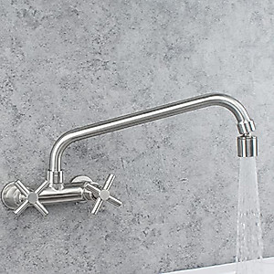 UMANYI Commercial Kitchen Faucets Wall Mount 4 inch Center Stainless Steel Brushed Nickel 2 Handle Utility Laundry Sink Bar Pre Faucet 11" Spout with Aerator SSKF09-3CZ