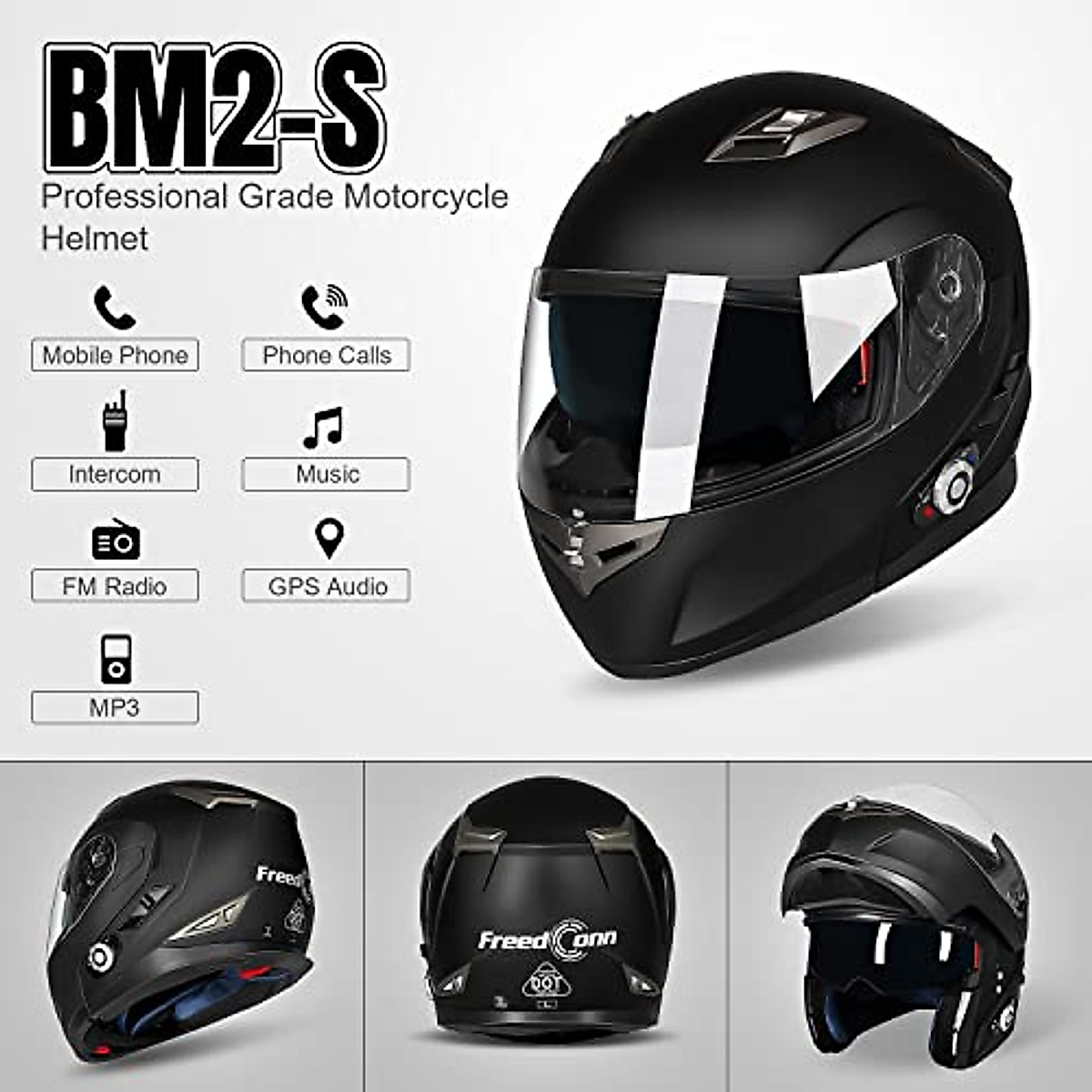 FreedConn Motorcycle Bluetooth Helmet,Bluetooth Integrated Modular Flip up Full Face Motorcycle Helmet,Dual Visor Modular Bluetooth Helmet,DOT Approved Helmets with Gloves(Matte Black,Large)