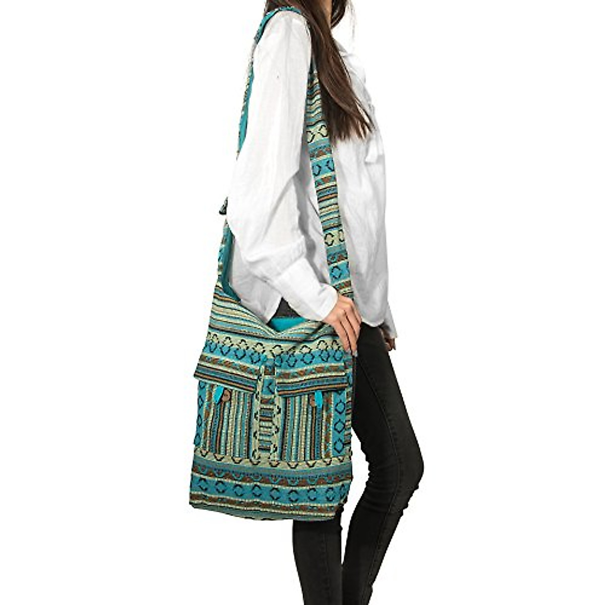 Tribe Azure Blue Aztec Canvas Large Hobo Cross body Shoulder Sling Slouch Casual Shopping Market Bag