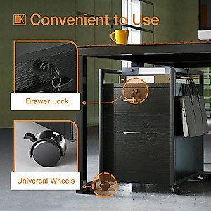 ODK File Cabinet with 2 Drawers, Mobile Office Cabinet with Lock on Wheels, Rolling Office Printer Stand Filing Cabinet for A4, Letter Sized Document with Iron Hook, Black